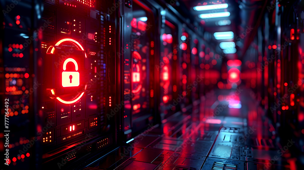 Server Room hallway bathed in red light, with a locked door at the end ...