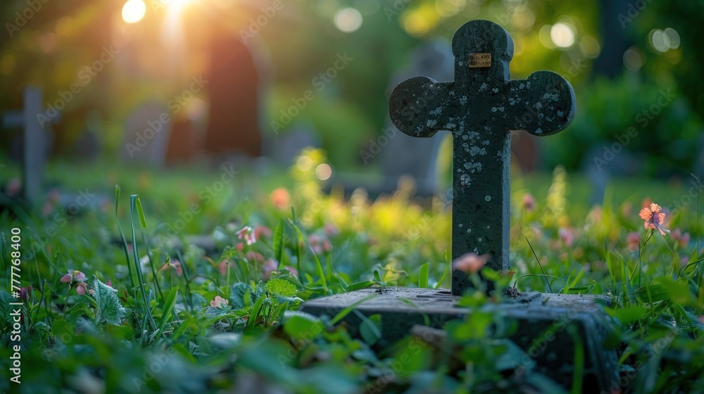 Engraved Catholic Grave Marker and Cross in Softly Blurred Cemetery ...