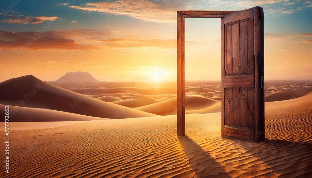 Open door in desert landscape during sunrise symbolizes endless ...