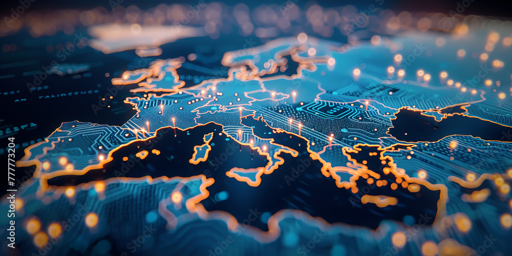 Digital map of Western Europe, concept of European Union network and ...
