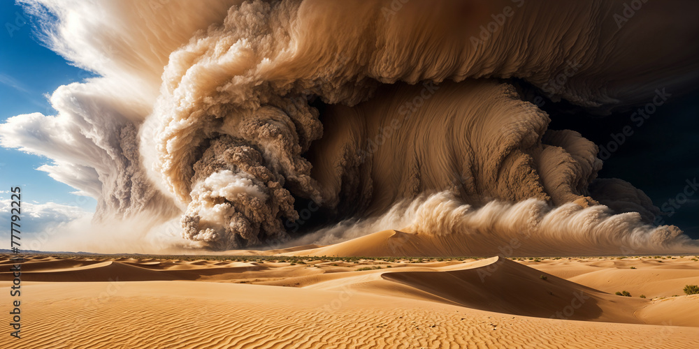 Massive unreal supercell sand storm rolling in over the desert dunes ...