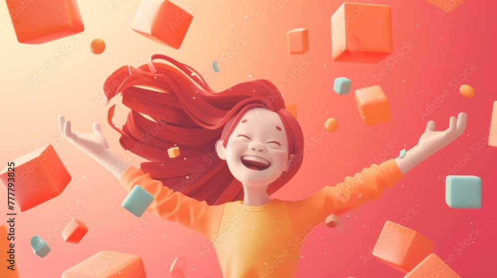 Vector art character, joy, popping out of a flat design into 3D space ...