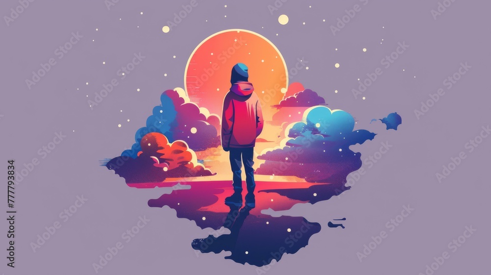 Vector art character, loneliness, popping out of a flat design into 3D ...