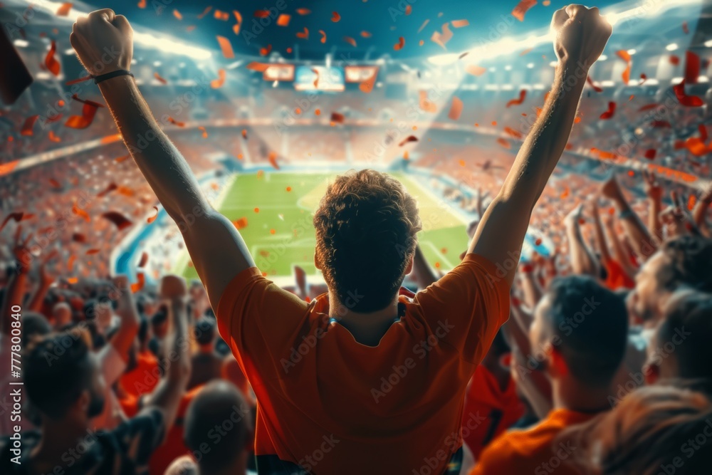 A man is standing in a stadium full of people, cheering and celebrating ...