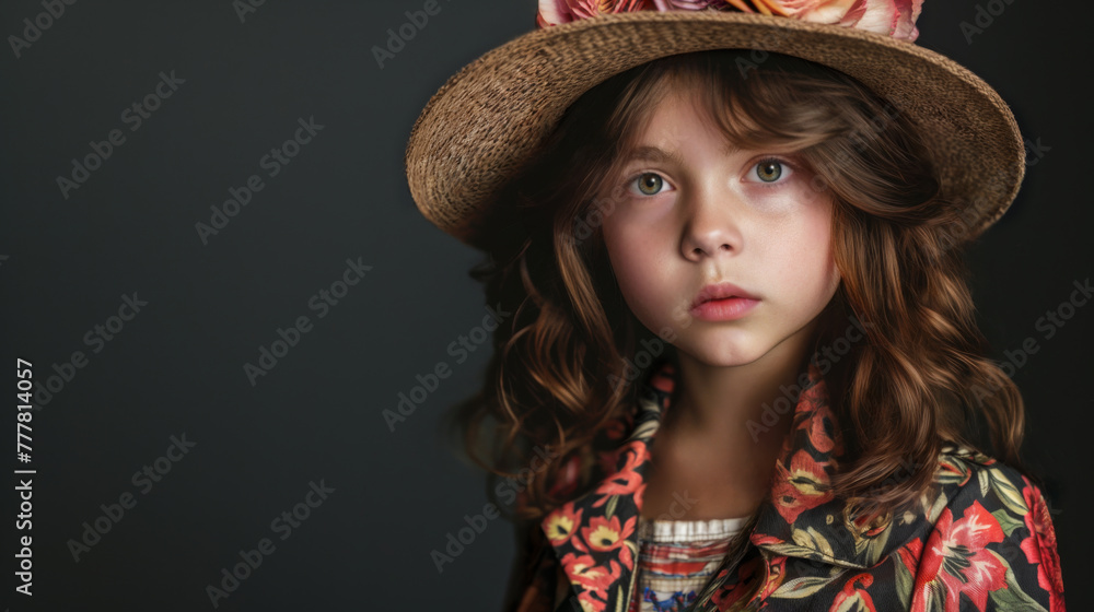 Studio portrait of a female child model with long brown hair and ...