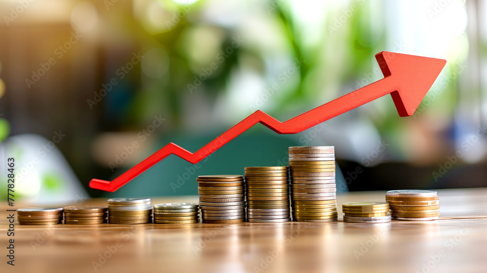 step of coins stacks with red arrow sign on natural warm background ...