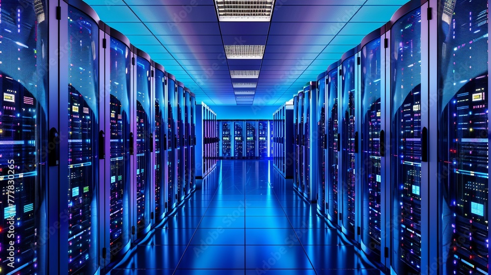 modern server room with rows of high speed super computer, data center ...