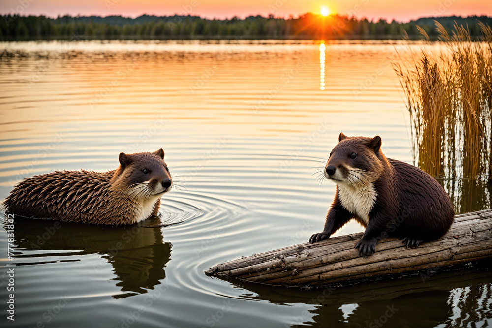 Two beavers sitting on a log in the middle of a lake at sunset. Stock ...