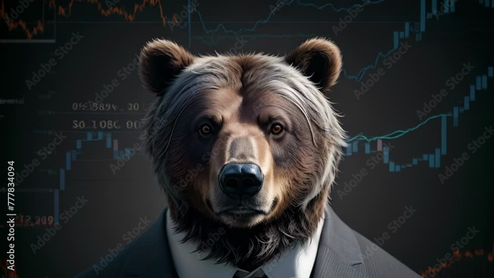 Portrait of a bear in a suit with a tie on a dark background with ...