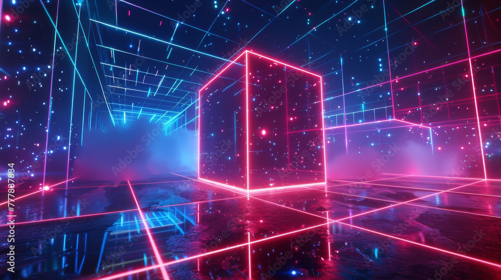 3d render abstract red blue neon background. Glowing linear volumetric ...