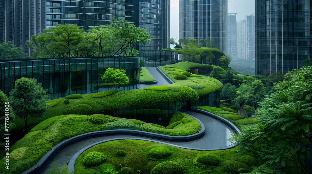 Innovative urban architecture featuring buildings with green roofs and ...