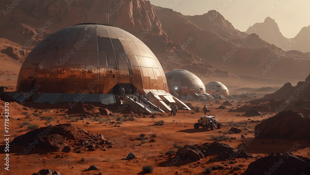 A detailed illustration of a futuristic space colony on Mars, featuring ...