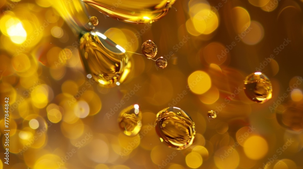 A closeup photograph captures droplets of a goldenhued liquid being ...
