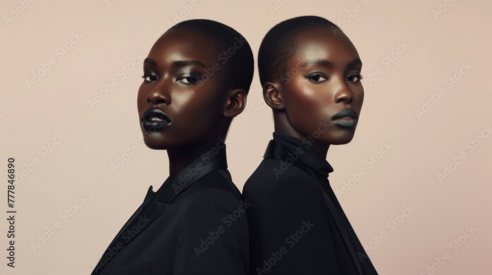 Two black models stand back to back each clad in sleek and tailored ...
