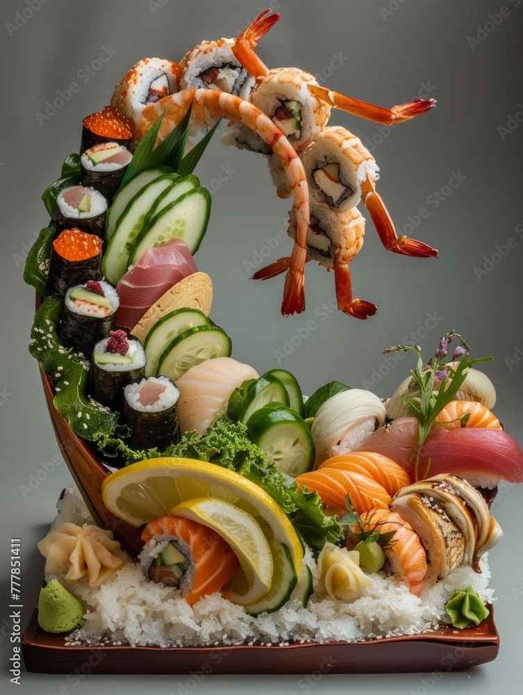 Sushi boat overflowing with variety - A bountiful boat-shaped sushi ...