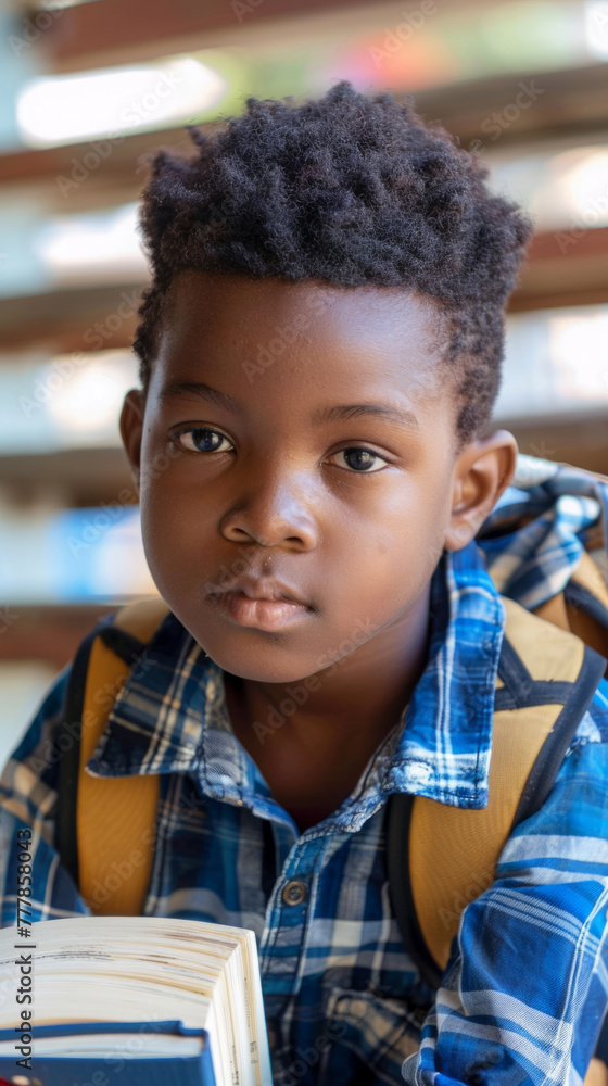 Serious schoolboy reading a book outdoors - A young boy with a serious ...