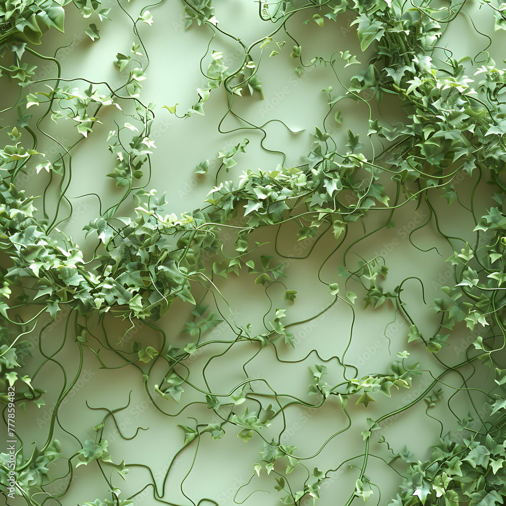 A green vine with many leaves and stems. The vine is growing on a wall ...