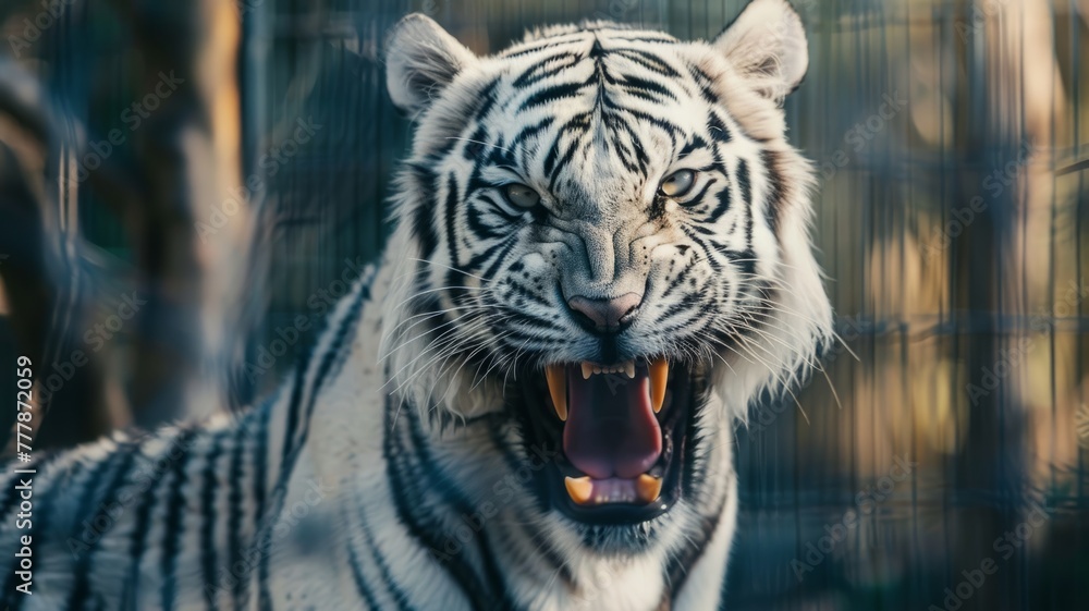 White Tiger Snarling Behind Zoo Enclosure - Captivating image of a ...