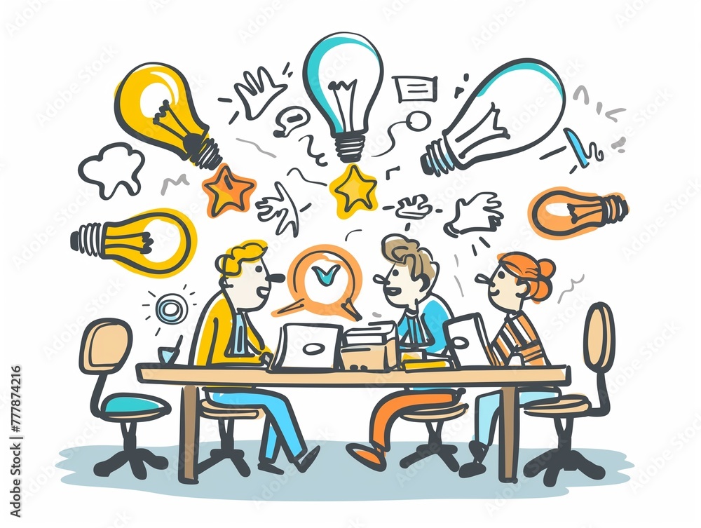 Brainstorming Session, A doodle of a team huddled around a cluttered ...