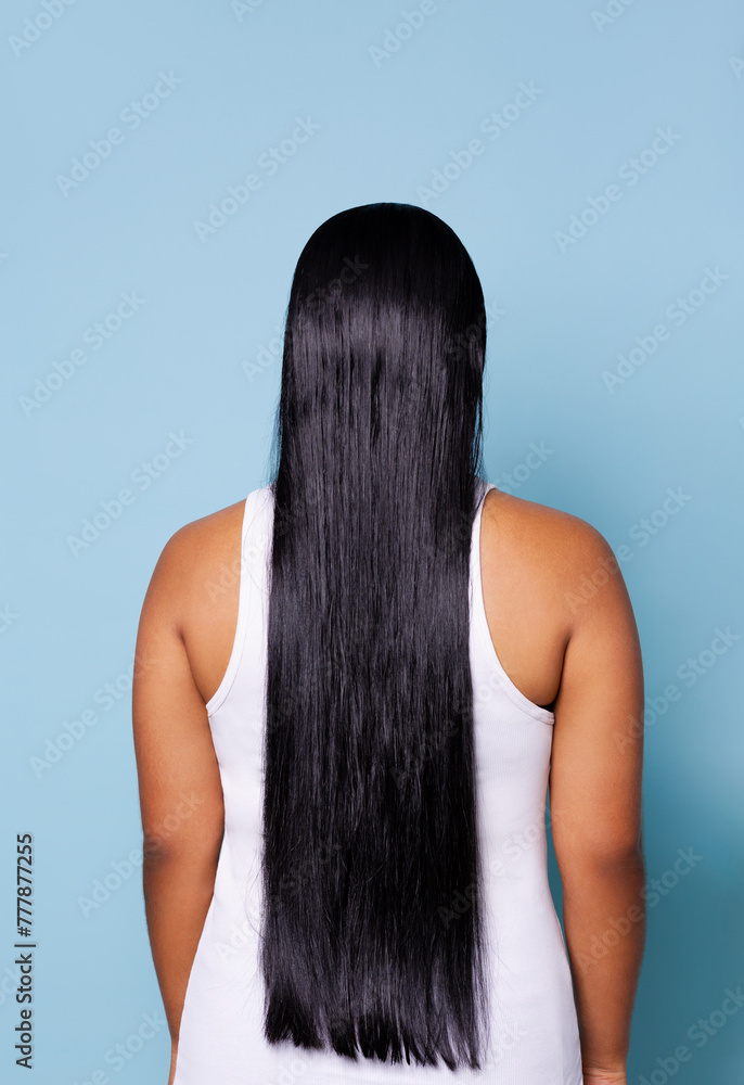 Back view of a woman with very long, straight, black hair. Stock Photo ...