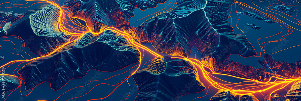 colorful topographic map of the river valley, glowing with orange and ...