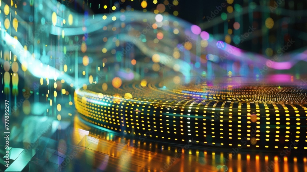 A hightech podium with a 3D holographic projection of a constantly ...