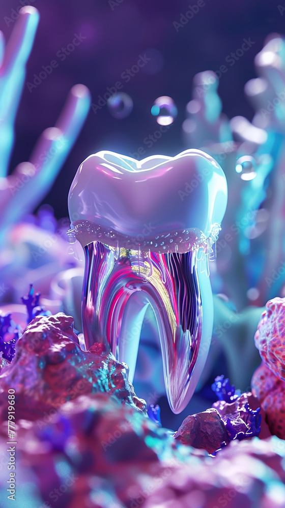 A tooth is shown in a blue and purple color with a glowing effect. The ...
