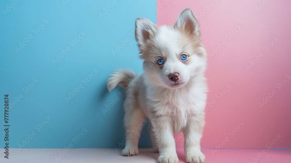 Cute pomsky puppy with blue eyes looking at the camera standing on pink ...