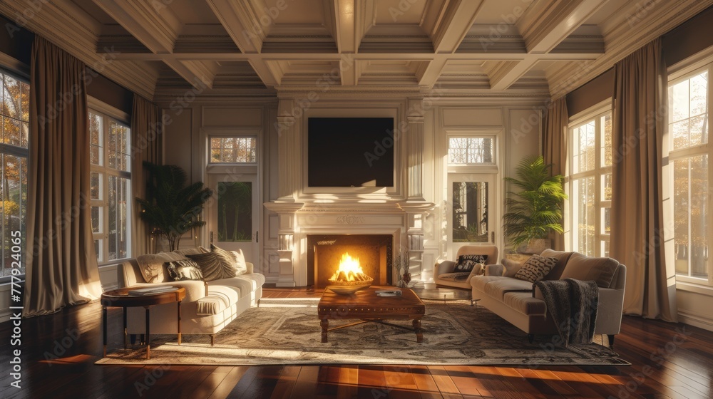 A stunning living room interior featuring rich hardwood floors, a ...