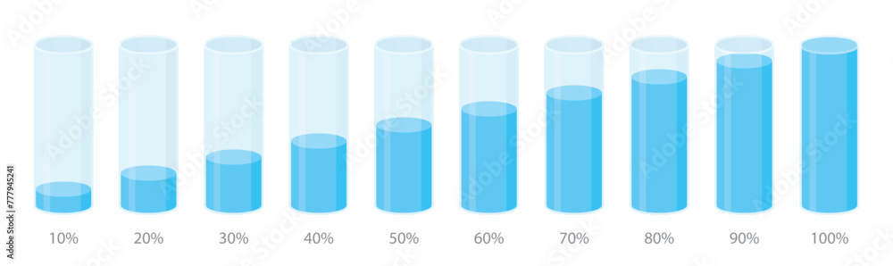 Simple blue round slim chart bars template, clear 10%-100% infograph ...