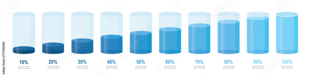Blue gradient round slim chart bars template, clear 10%-100% infograph ...