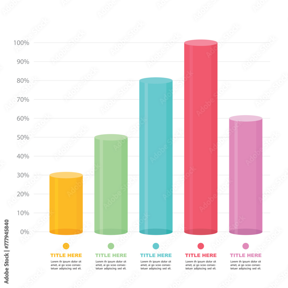 Colourful slim chart bars template, 30% 50% 60% 80% 100% number text ...