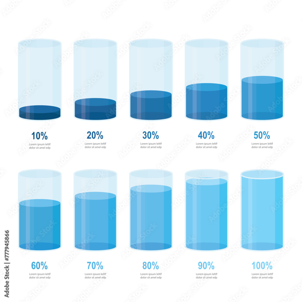 Blue gradient round slim chart bars template, clear 10%-100% infograph ...