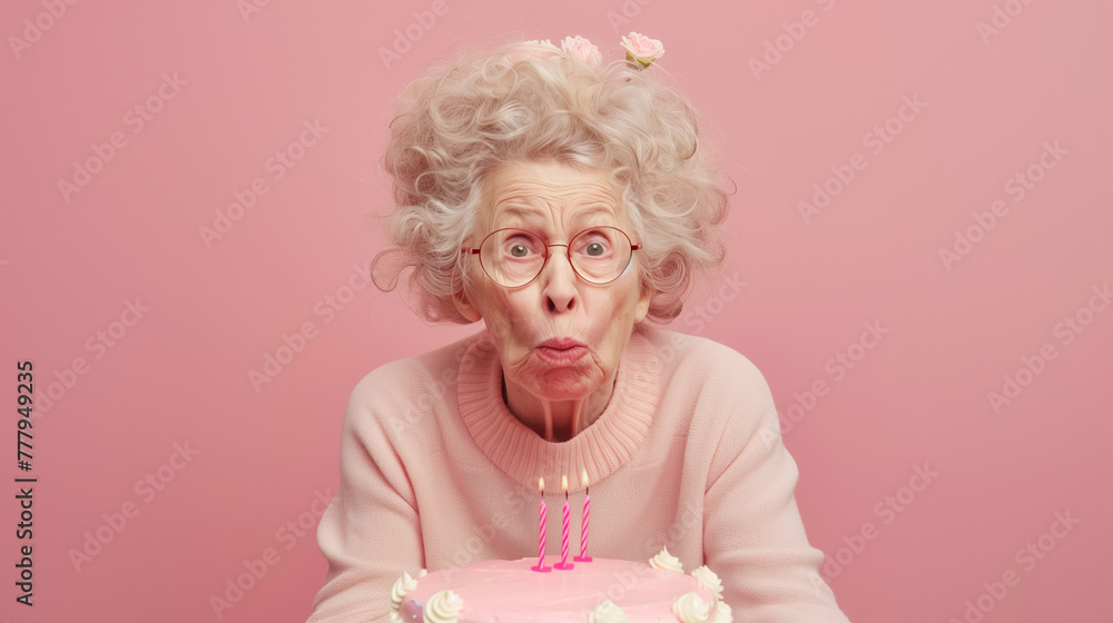 Crazy old lady blowing out candles on a cake celebrating her birthday ...