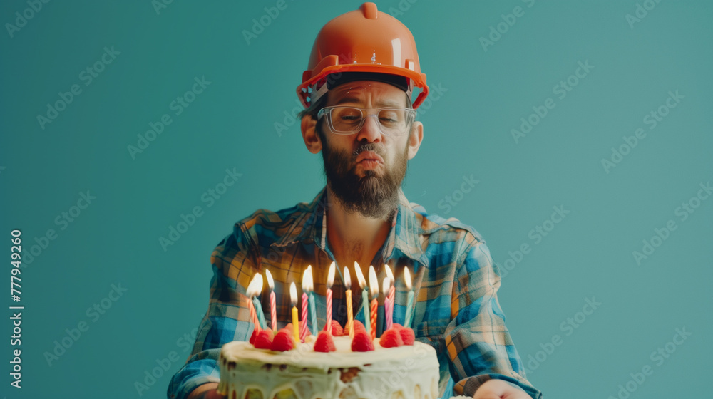Construction engineer in helmet blowing out candles on cake celebrating ...