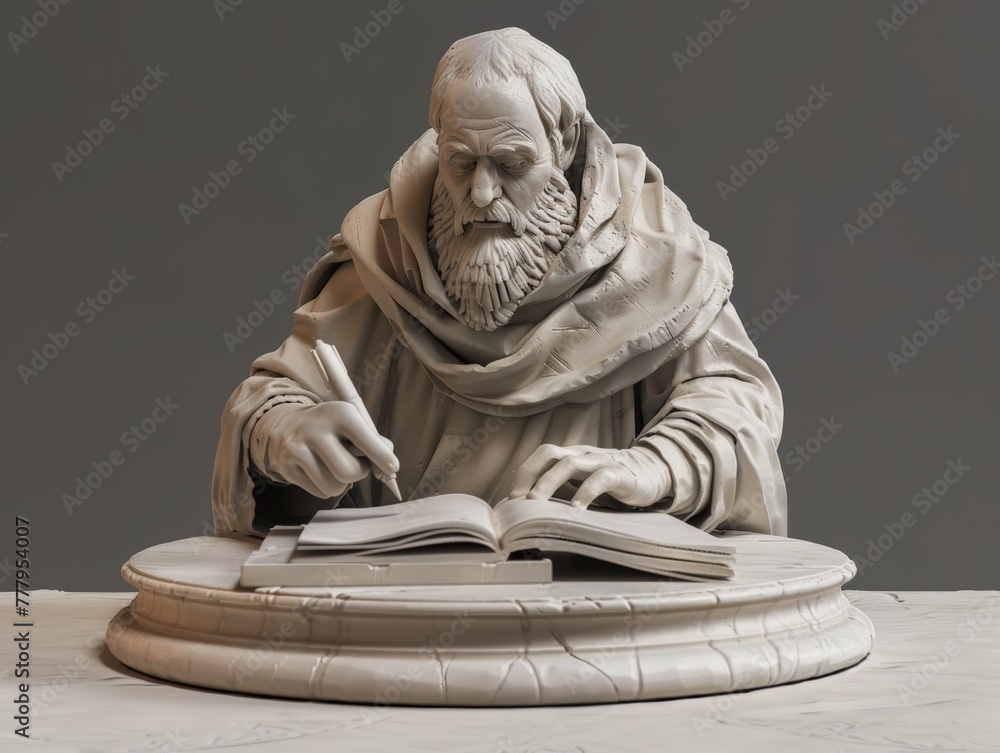 3D render clay style of a medieval scribe at work, isolated on gray ...
