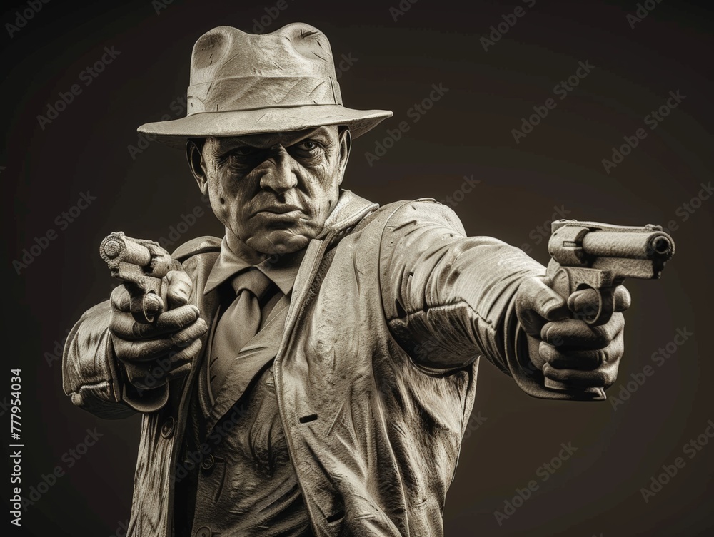 3D render clay style of a gangster poses and points a gun, isolated on ...