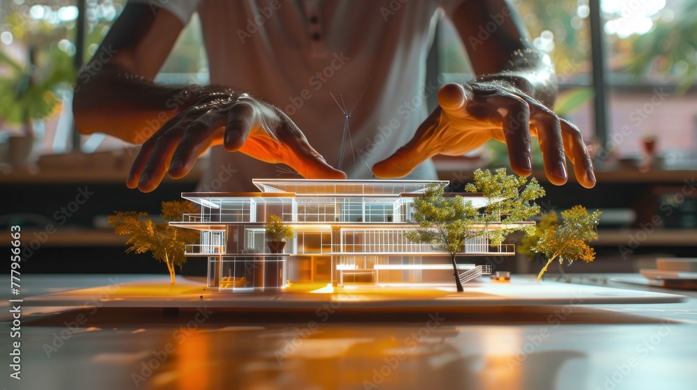 Person presenting an architectural model of a building with miniature ...