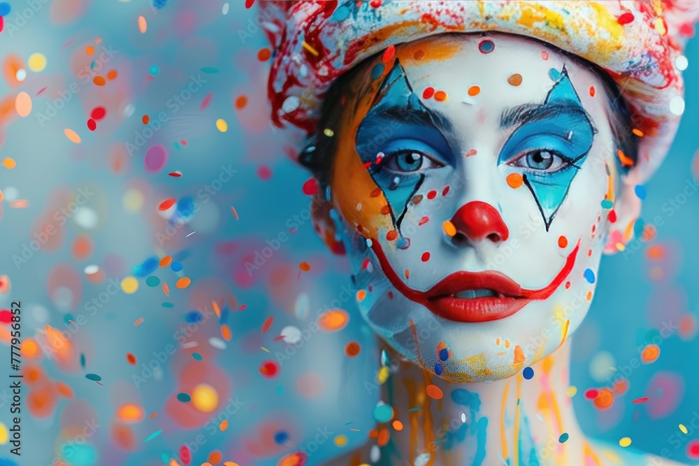 A brightly made-up clown girl on a bright background with confetti. The ...