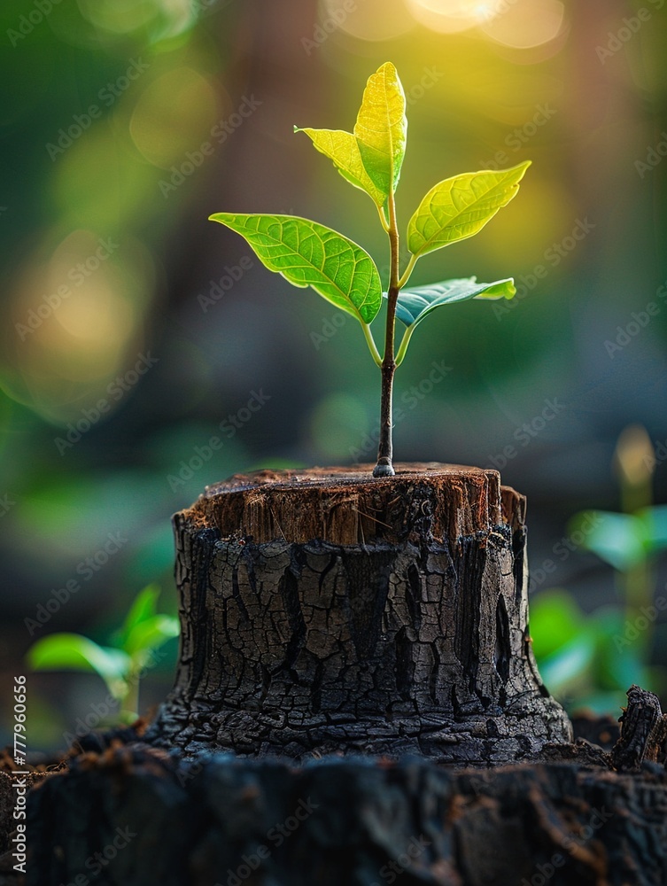 Vibrant young tree sprouting from old stump, lush nature background ...