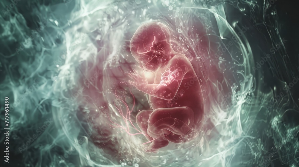Digital representation of a fetus in the womb surrounded by a stylized ...