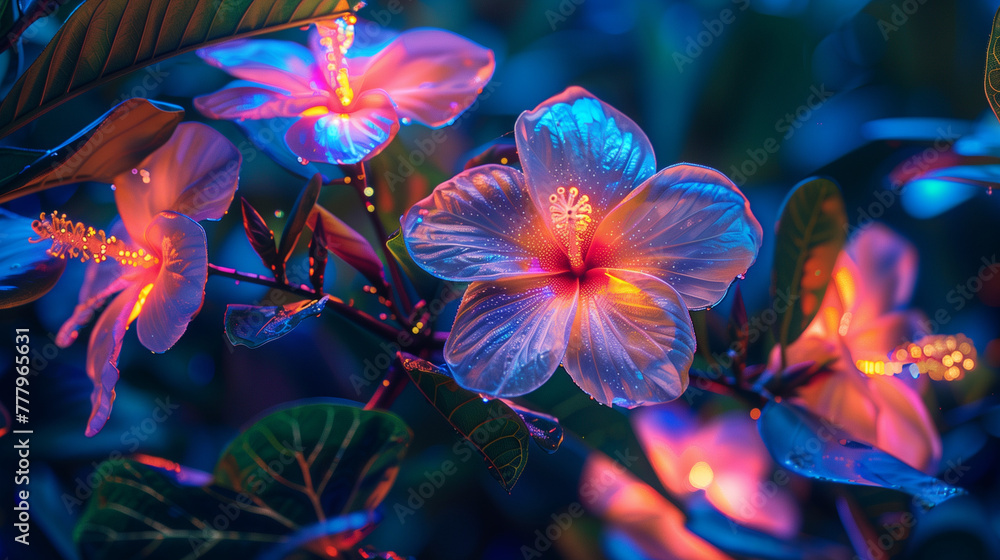 Dynamic light and colorful fantasy of hibiscus flowers on impossible ...