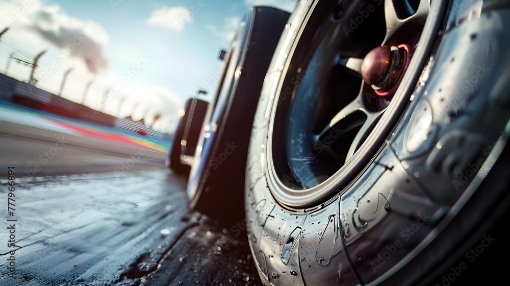 High-speed racing car wheels in motion,close-up on the tire tread with ...