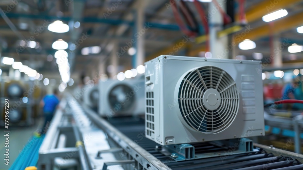 Industrial air conditioning unit on an assembly line inside a ...