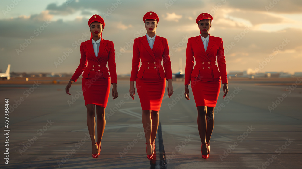 Confident Black Flight Attendants in Striking Red Uniforms ...