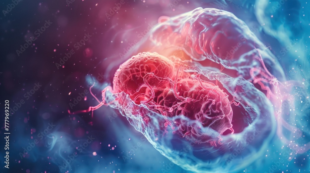 Digital illustration of a human cell division process known as mitosis ...