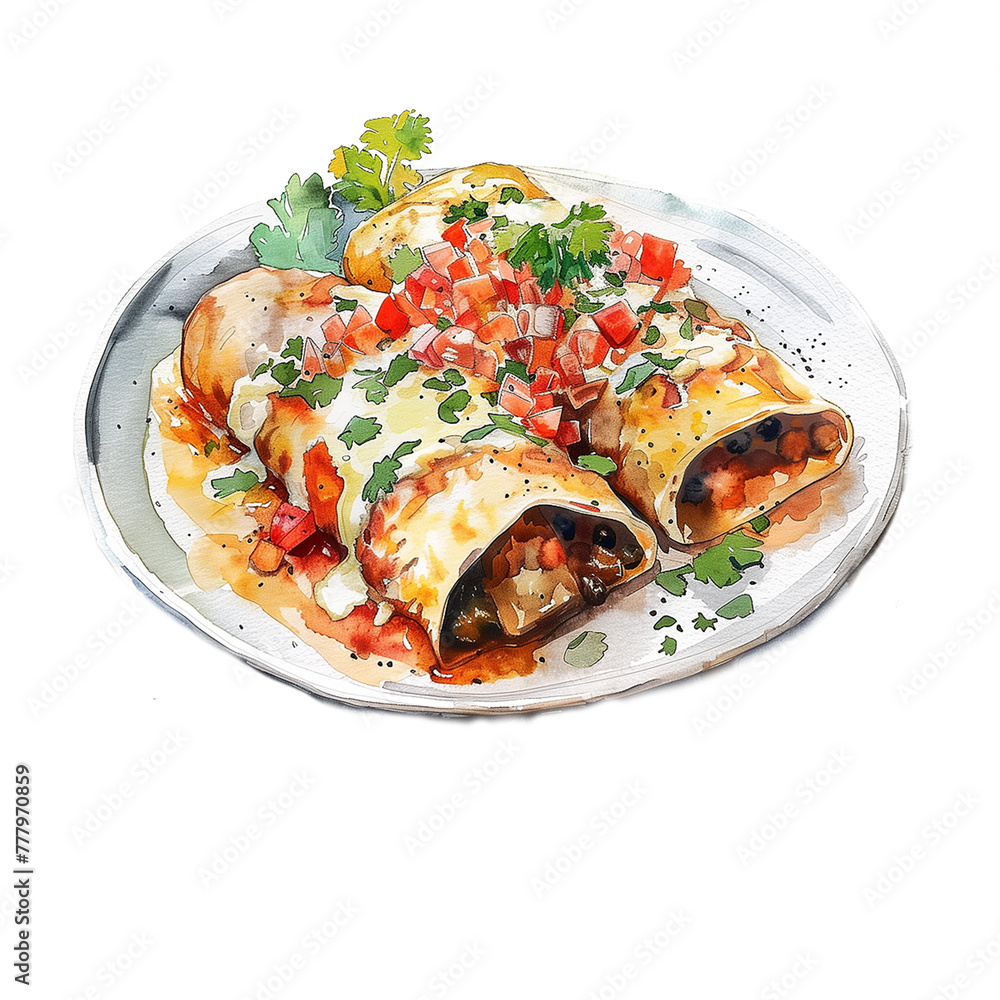 A hand-drawn watercolor illustration of enchiladas. Mexican dish. High ...