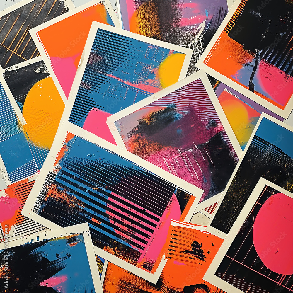 Brightly colored retro 1980s risograph art collage background with ...