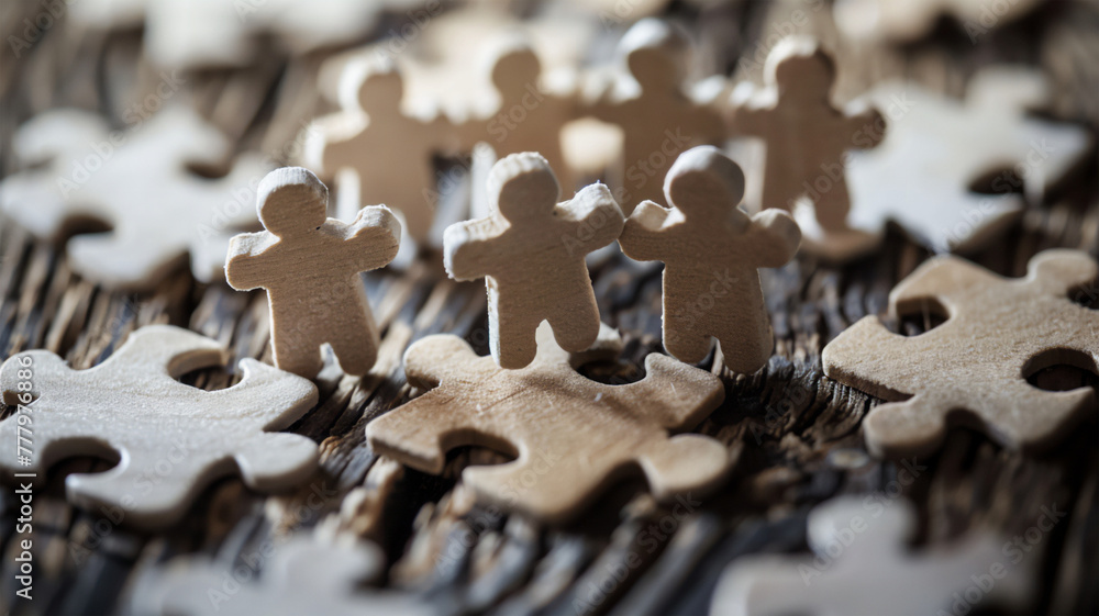 The little wooden men arranged between the puzzle pieces on the table ...