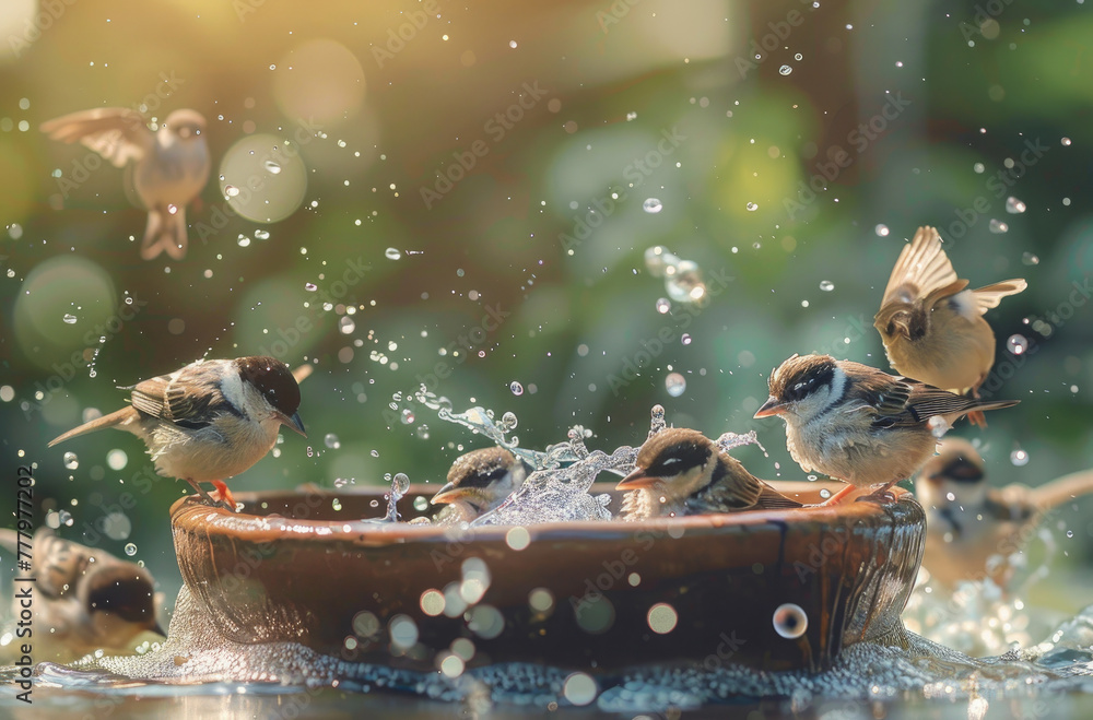 A group of small birds sitting in the bowl and splashing water, some ...
